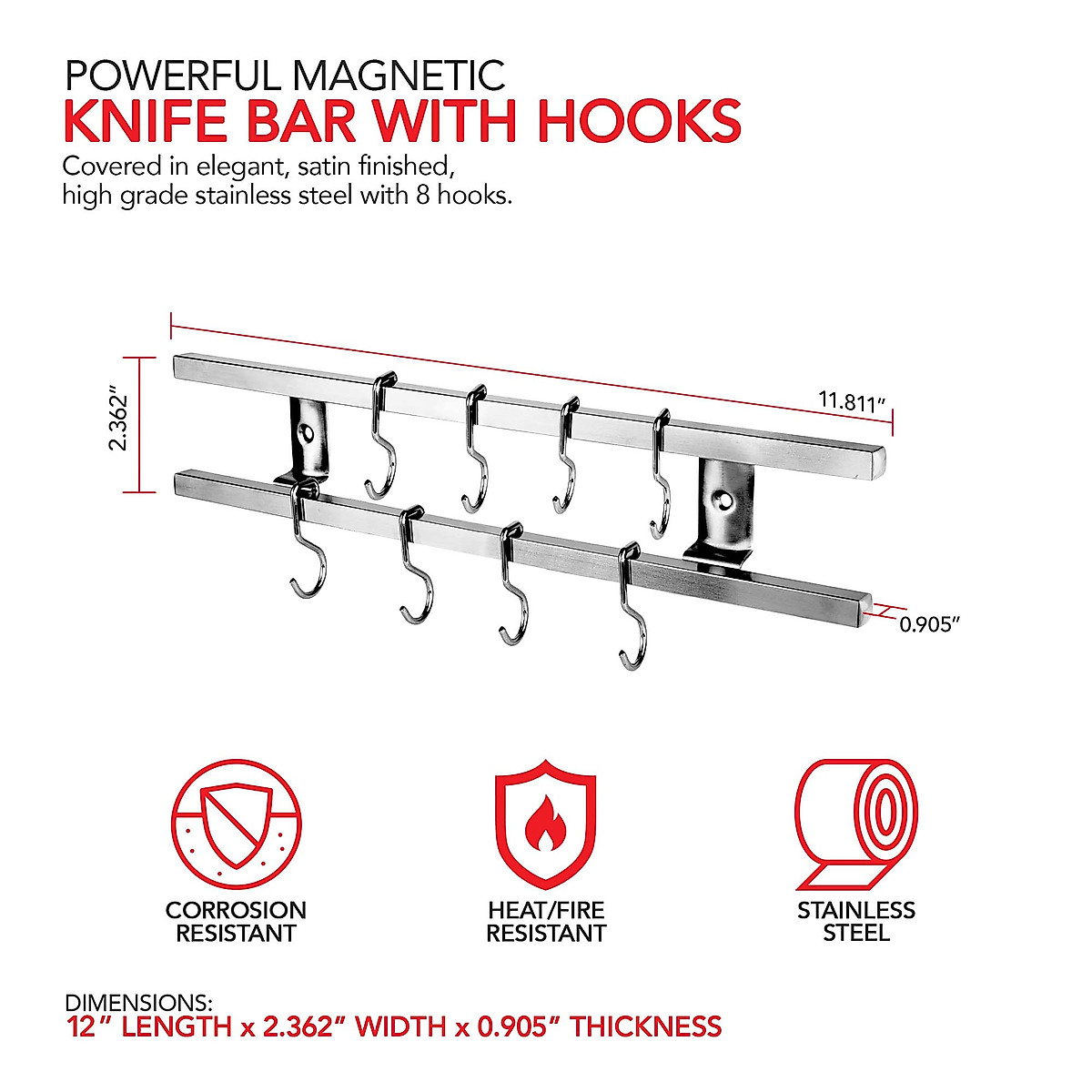 Modern Innovations (12 Inch) Stainless Steel Metal Magnetic Knife Holder, Wall Mount Double Bar with 8 Hooks - Multipurpose Knife Magnetic Strip, Utensil hanger, and Kitchen Storage Rack Magnet