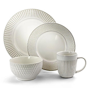 IHIPPO Dinnerware Sets Round Stoneware Luxurious Mellow Dinnerware Dish Set 16 Piece Round Stoneware Dinnerware Set in Embossed White Dinnerware Dish Set Kitchen Plates Dishwasher and Microwave Safe