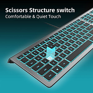 B.FRIENDIT Backlit Wired USB Keyboard, Comfortable Quiet, Low Profile Flat Chocolate/Scissor Keys, Durable Ultra-Slim for Windows 11/10/8/7/Vista Desktop PC, Laptop - Silver Black