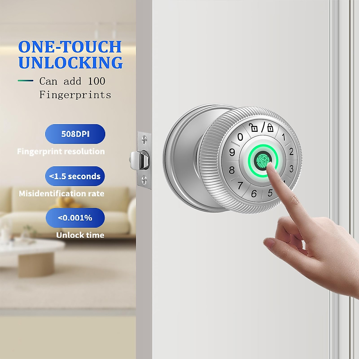 Fingerprint Door Lock,Smart Door Knob,biometric lock, keypad entry,keyless handle.Ideal for bedroom,home,hotel,office,apartment.Enhances security & convenience. (Silvery)