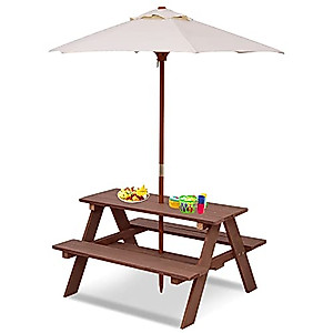 KOTEK Kids Picnic Table with Umbrella Foldable, Wooden Kids Table & Benches for Crafting, Eating & Playing, Outdoor Toddler Activity Table for Backyard, Patio, Garden, Gift for Ages 3-8