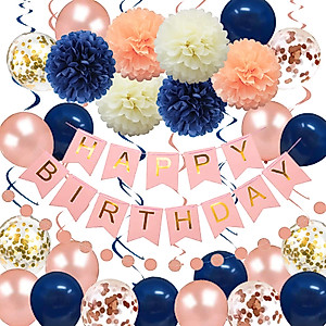Navy Blue Rose Gold Birthday Decorations for 1st 16th 18th 21th 25th 30th 35th 40th 50th 60th 70th Birthday, Happy Birthday Banner, Navy Blue Rose Gold Birthday Party Supplies