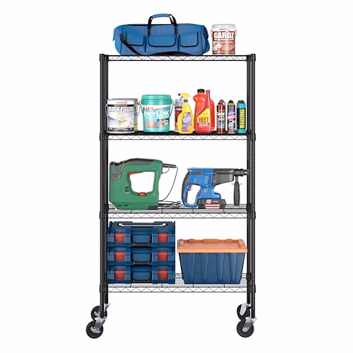 Furinno Wayar 4-Tier Metal Storage Shelf Rack Cart with Casters, 36 x 14 x 58, Black