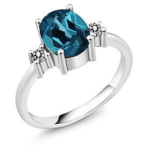 Gem Stone King 925 Sterling Silver Oval London Blue Topaz and White Diamond Ring For Women (1.93 Cttw, Gemstone Birthstone, Available In Size 5, 6, 7, 8, 9)