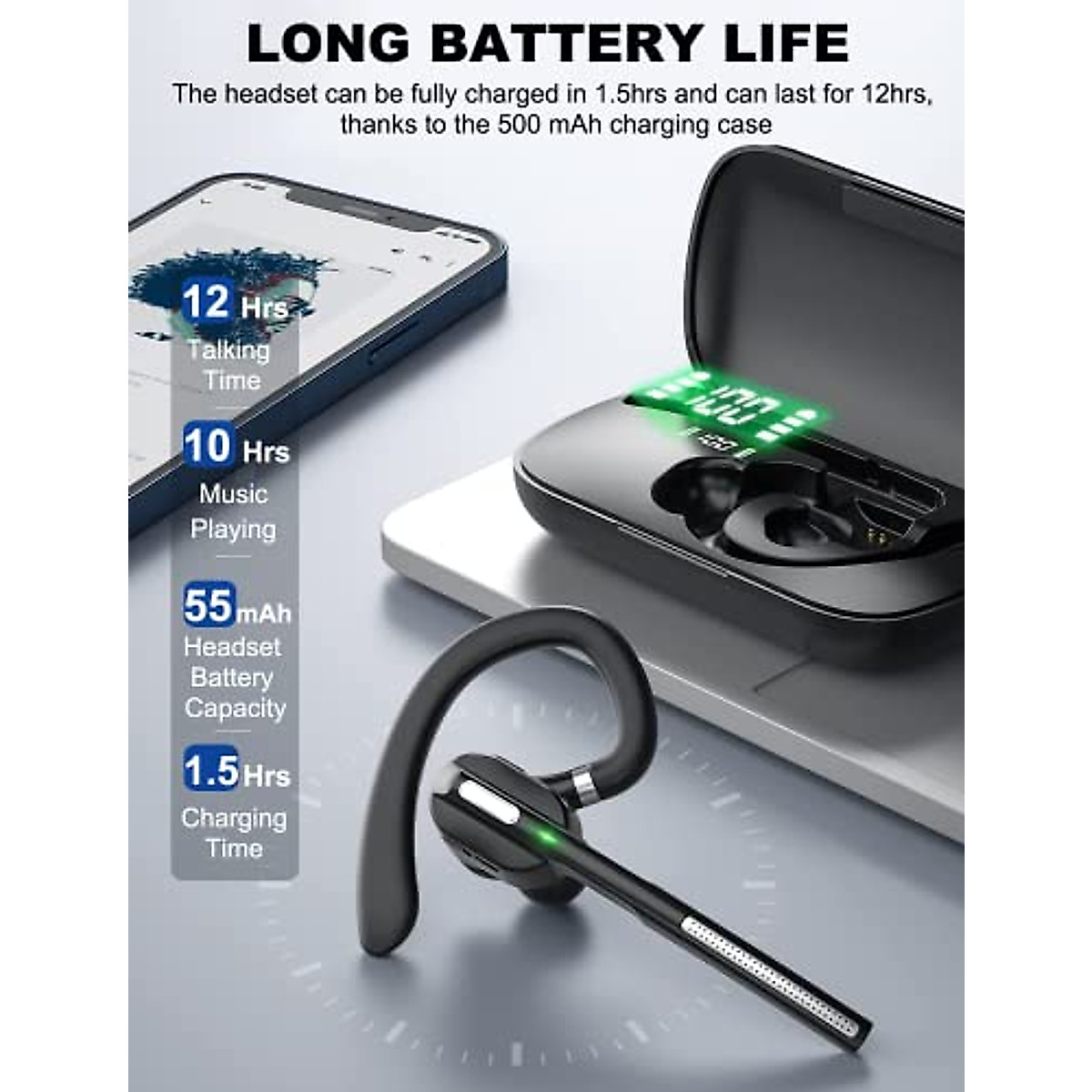 DECHOYECHO Bluetooth Headset V5.1, Wireless Headset with Battery Display Charging Case, Bluetooth Earpiece with Noise Canceling Mic for Driving, Office, Business, Compatible with Cell Phone and PC