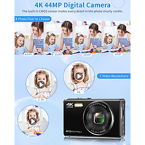 NIKICAM Digital Camera,4K 44MP Kids Digital Camera with 32GB SD Card Compact Point and Shoot Camera with 16X Digital Zoom 2.4 Inch Portable Small Camera for Kids Teens Adults-Black