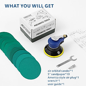 Air Random Orbital Sander by UPWOOD, Pneumatic Palm Sander With 10 Pcs Sandpapers for Auto Body Work, Woodworking (5 Inch)