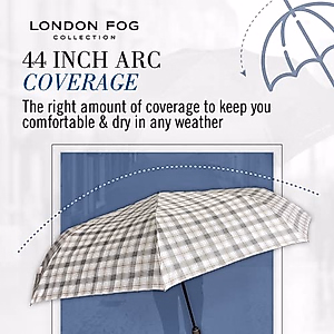 London Fog Rain Umbrella, Automatic Folding Umbrella, Windproof, Lightweight and Packable for Travel, Full 44 Inch Arc, Khaki Plaid