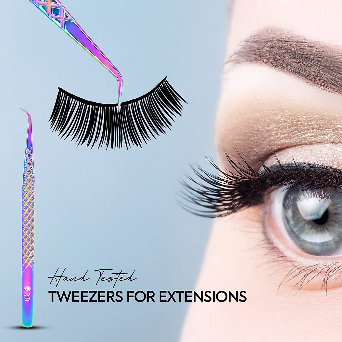 Eyelash Extension Tweezers Lash Extension Precision Tweezers Straight & Curved with Diamond Grip Set of 2 Pieces Rainbow Colour 14cm Multicolor