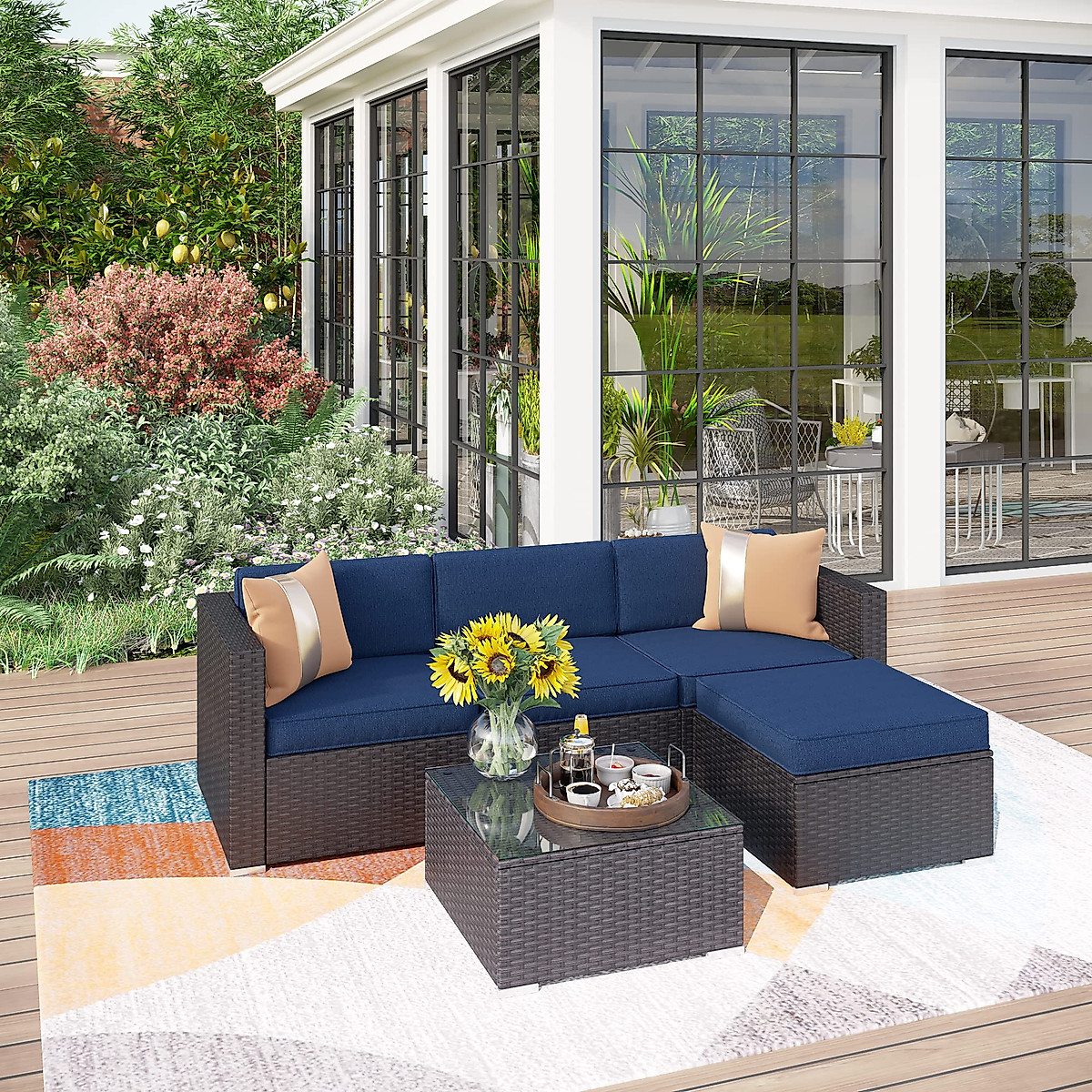 PHI VILLA Outdoor Patio Rattan Sectional Sofa- Patio Wicker Furniture Sofa Set 5-Piece, Blue