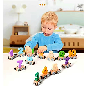 SHIMANDA 12 PCS Wooden Magnetic Train Cars Toy, Magnetic Train Toys Set Includes Locomotive & 11 Pieces Train Cars, Count and Color Educational Learning Toys for Kids Boys and Girls (Number)