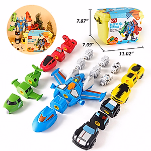 SOMMER 5-in-1 Magnetic Vehicles Toy Playset, Mix and Match STEM Stacking Assembling Car Kit with Storage Box, Transform into Robot, Birthday Gift for Toddler Kids 3 4 5 6 7 Year Old Boys Girls