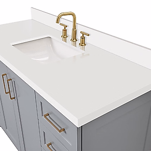 ARIEL 55" Grey Bathroom Vanity with 1.5" Edge Pure White Quartz Countertop & Backsplash, Center Rectangular Sink, 2 Soft Closing Doors, 9 Full Extension Dovetail Drawers, Toe Kick, Satin Brass