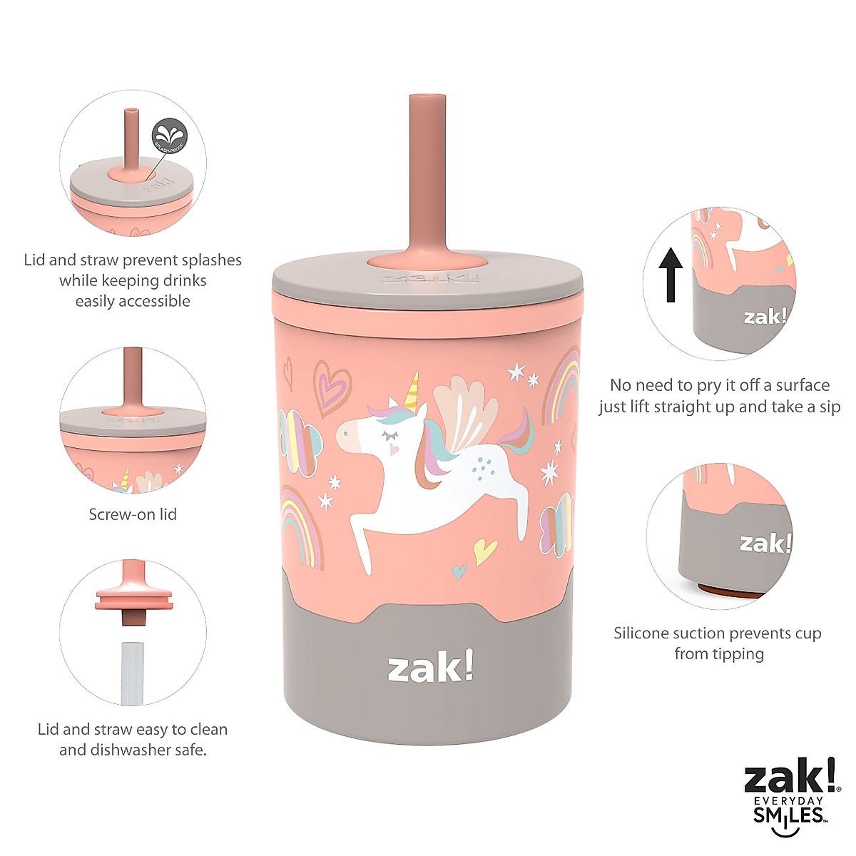 Zak Designs Unicorn Mighty Tot Kids Tumbler with Screw-On Lid and Silicone Straw, Durable and Spill-Proof with Tip-Proof Base is Easy to Lift, Perfect Baby Cup Bundle (10 oz, 2-Piece Set, Unicorn)
