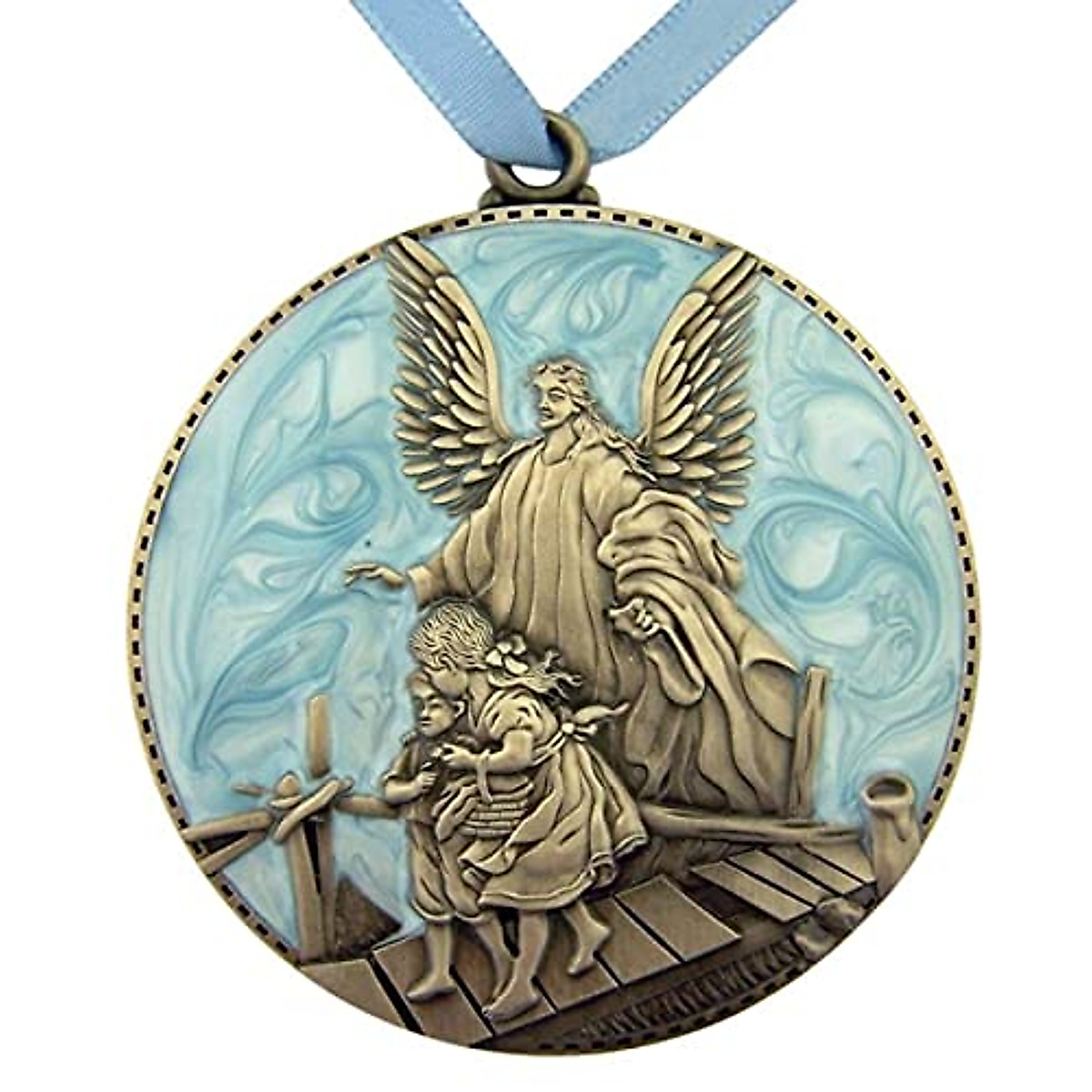 Pewter and Enamel Crib Medal with Guardian Angel for Baby Nursery Decor, 3 Inch (Blue)