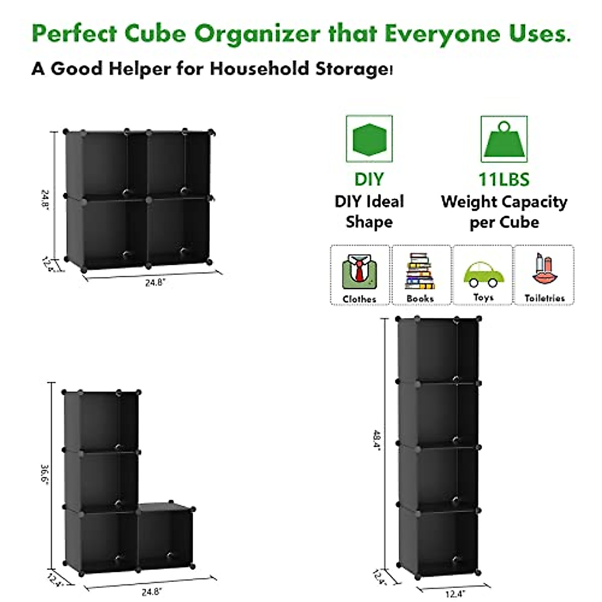 C&AHOME Cube Storage Organizer, 4-Cube Shelves Units, Closet Cabinet, DIY Plastic Modular Book Shelf, Ideal for Bedroom, Living Room, Office, 24.8" L x 12.4" W x 24.8" H Black SHS04A