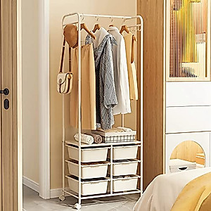 Ytaoka White Clothes Rack with 6 Drawers and 8 Side Hooks, Rolling Clothing Racks for Hanging Clothes with Wheels, Heavy Duty Metal Garment Rack, Standing Clothes Hanger Rack, Easy to Assemble