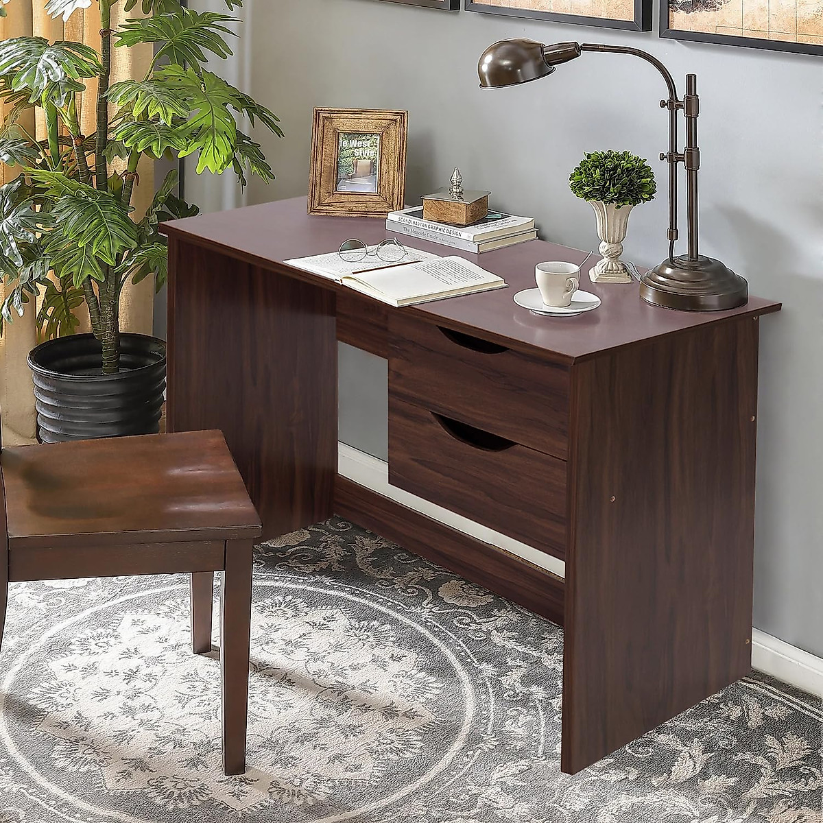 FurnitureR Home Office Computer Desk with 2 Drawers, Wooden Study Writing Table Teen Student Desk Workstation with Footrest for Bedroom Small Spaces Apartment Dorm, Walnut Brown