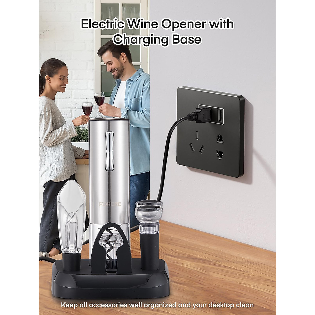 FOHERE Electric Wine Opener, Automatic Electric Wine Bottle Corkscrew Opener with Foil Cutter, Wine Aerator Pourer, Vacuum Stopper, and Charging Base, Rechargeable (Stainless Steel)