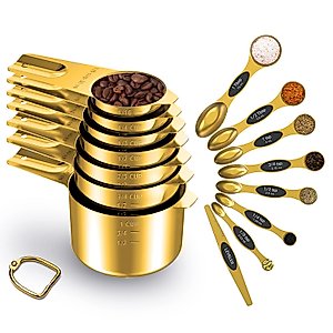 LIFETOWE Gold Measuring Cups and Spoons Set of 15, 18/8 Stainless Steel, Includes 7 Nesting Metal Measuring Cups,8 Magnetic Measuring Spoons set - Ideal Kitchen Gadgets for Cooking and Baking Needs