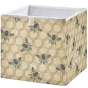 visesunny Closet Baskets Retro Bee Honeycomb Pattern Storage Bins Fabric Baskets for Organizing Shelves Foldable Storage Cube Bins for Clothes, Toys, Baby Toiletry, Office Supply