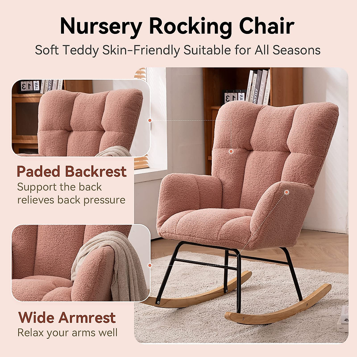 Nursery Rocking Chair Teddy Fabric Padded Seat with High Backrest and Armrest Accent Chair Upholstered Armchair Single Sofa Accent Glider Rocker for Living Room Bedroom Offices (Pink Teddy)