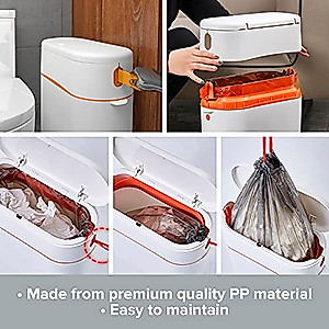 Modern Trash Can with Lid - Oval Slim Bathroom Trash Can w/ Automatic Push Open Cover - Touchless Waste Basket w/ Drawstring Plastic Trash Bag - 13.6x5.9x13.4in White Trash Can - Waterproof Trash Bin