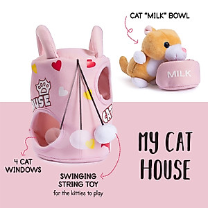 Plush Creations Talking Plush Cat House for Kids Includes Plush Cat House Carrier with 4 Soft Stuffed Talking & Meowing Kittens & A Cat Plush Milk Bowl Best Interactive Toy for Babies Or Toddlers