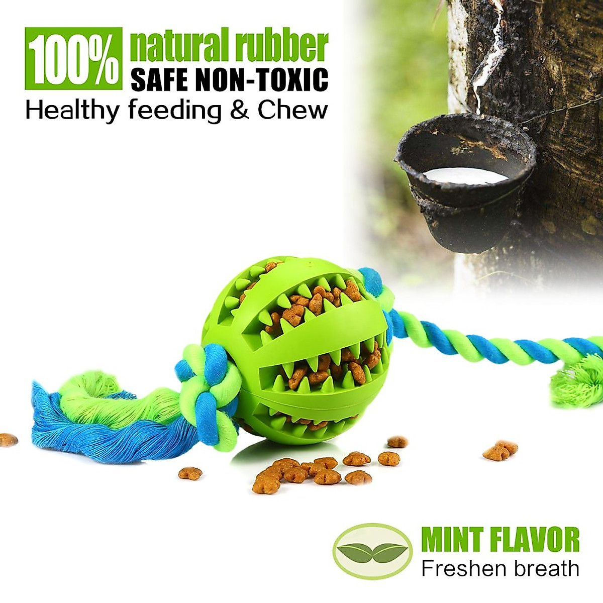 CHLEBEM Puppy Toys Interactive Dog Toys Balls for Small Medium Dogs Chew Teething Teeth Cleaning Treat Dispensing Durable Rubber Ball Dog Rope Toy for Tug of War Playing(Green)