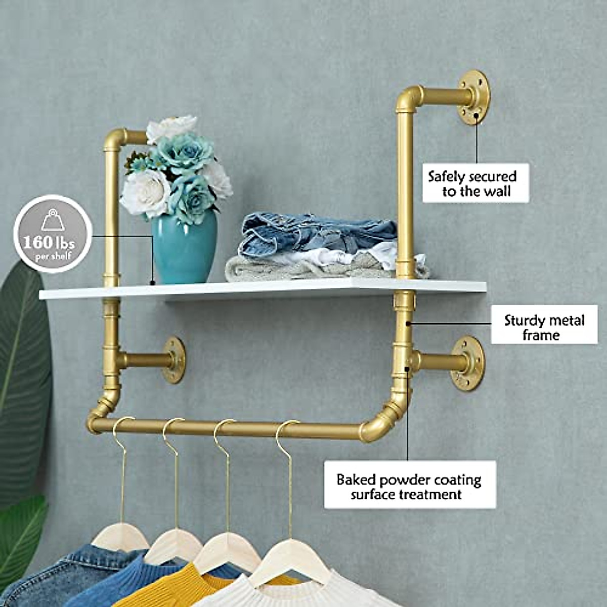 BOTAOYIYI Gold Clothing Rack, 40 inch Industrial Pipe Clothing Rack, Hanging Garment Clothes Wall Mounted with Shelves Shelving Rod White for Boutiques Retail Laundry Room Bedroom(39.4x9.8x19.7)