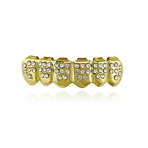 OOCC 18k Gold Plated Iced Out Grills with Diamond Hip Hop Teeth Grillz Caps Top and Bottom Set for Your Teeth (Golden)