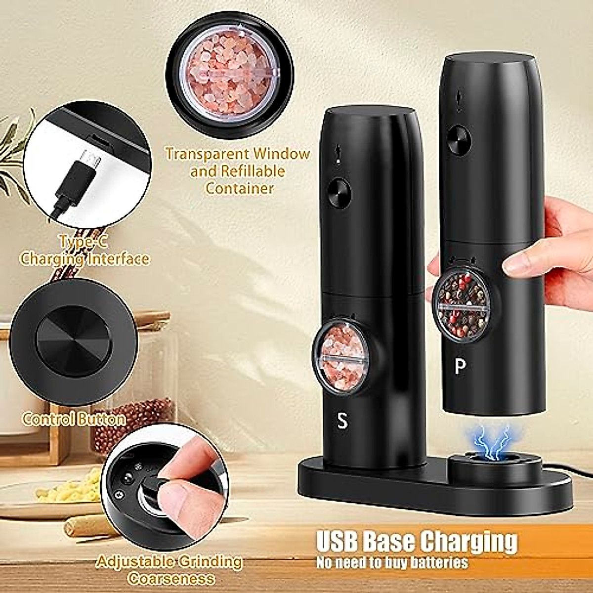 Electric Salt and Pepper Grinder Set Rechargeable With Charging Base, Automatic Salt and Pepper Mill Set with Adjustable Coarseness and LED Light (Black)