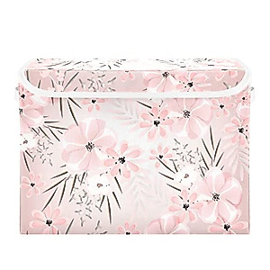 Kigai Storage Basket Pink Flowers Print Storage Boxes with Lids and Handle, Large Storage Cube Bin Collapsible for Shelves Closet Bedroom Living Room, 16.5x12.6x11.8 In