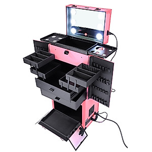 Pink Rolling Makeup Case with Mirror Light Pro Large Cosmetic Artists Hair Stylist Barber Organized Trolley Lockable