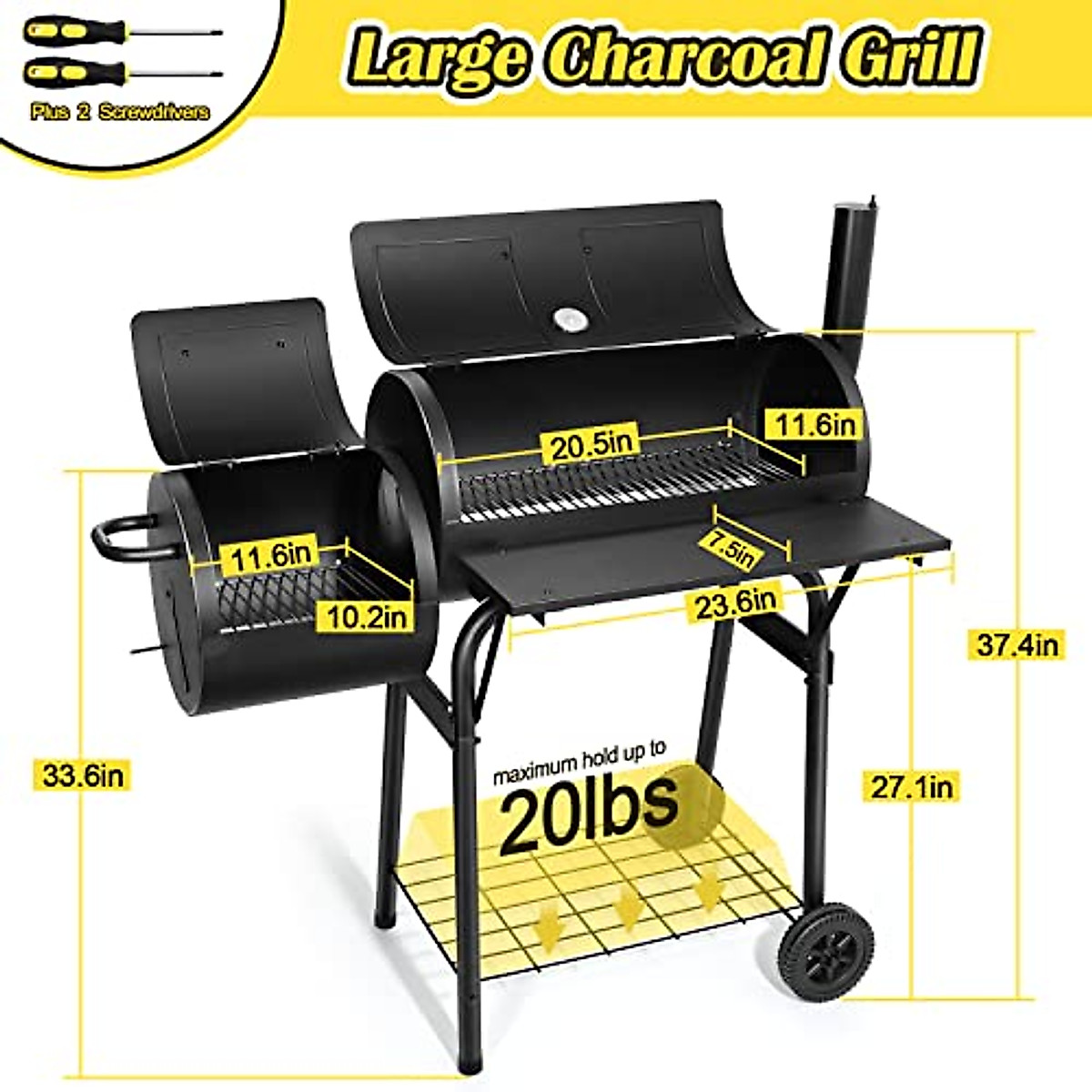 Barrel Charcoal Grill with Offset Smoker, HaSteeL Outdoor BBQ Grill Set of 15, Large Camping Grill for Patio Backyard Garden Smoking Barbecue, Grill Cover, Spatula, Tong, Brush, Fork, Carrying Bag