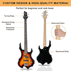 GLARRY Electric Bass Guitar 4 Strings Buring Fire Style Full Size for Beginner Right Hand with Bag, Strap and Accessories (Sunset)