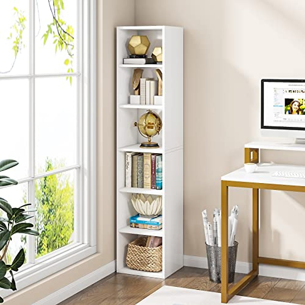 LITTLE TREE 70.9 Inch Tall Narrow Bookcase, Corner Bookshelf 6 Tier Cube Display Shelf Storage Organizer for Small Space
