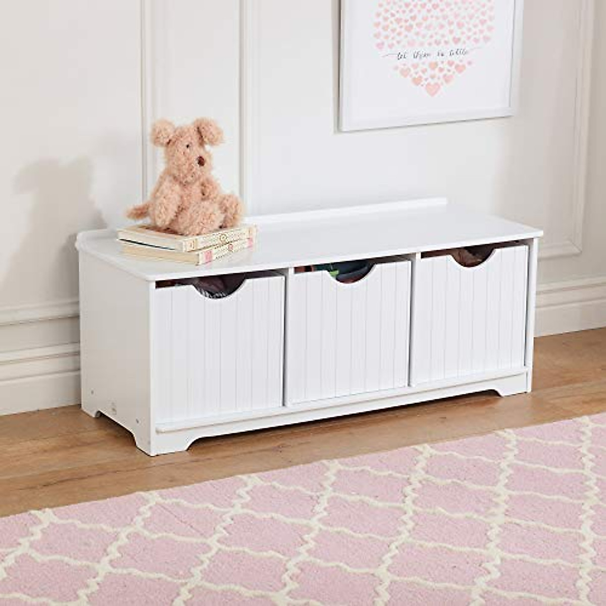 KidKraft Wooden Wall Storage Unit with 8 Plastic Bins and 13 Compartments - White, Gift for Ages 3+ & Nantucket Wooden Storage Bench with Three Bins and Wainscoting Detail - White, Gift for Ages 3+