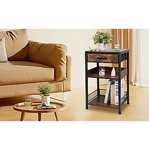 3 Tier End Table,Small Side Table with Storage Drawer,24.8 inch Tall Night Stand for Small Spaces, Brown Bedside Table,Side Table for Living Room,Bedroom,Office