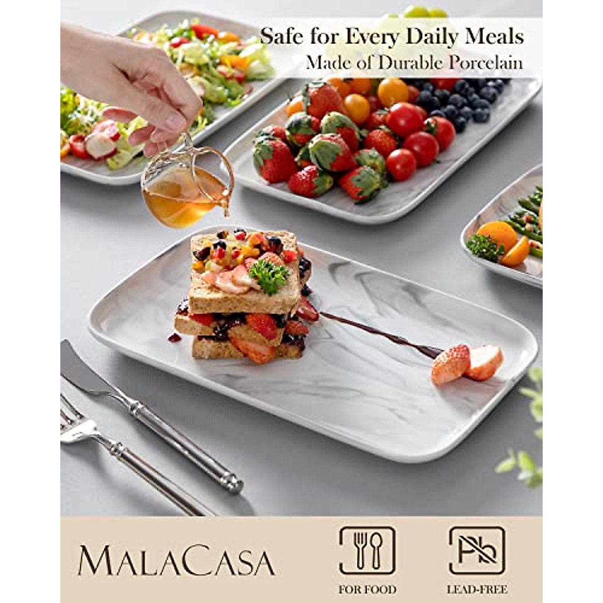 MALACASA Serving Platter, 12in Porcelain Serving Dishes, Rectangular Serving Tray for Entertaining Parties, Platters for Serving Food, Sushi, Appetizer, Dessert, 11.9x7.1, Set of 4, Series PLAT-GREY