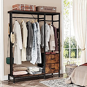 Tribesigns Freestanding Closet Organizer, Clothes Rack with Drawers and Shelves, 6 Hooks, Hanging Rods, Heavy-duty Garment Rack Wardrobe Closet Clothing Storage for Bedroom, Rustic Brown
