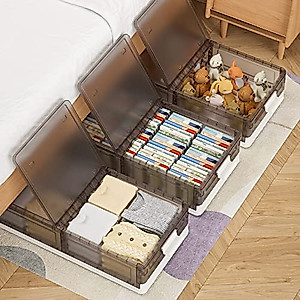 XIYAO 2 Pack under bed storage containers with wheels,60Qt plastic Stackable Collapsible storage bins with Dual-Hinged Lids for Bedroom Clothes Shoes Blankets(6.9" H)