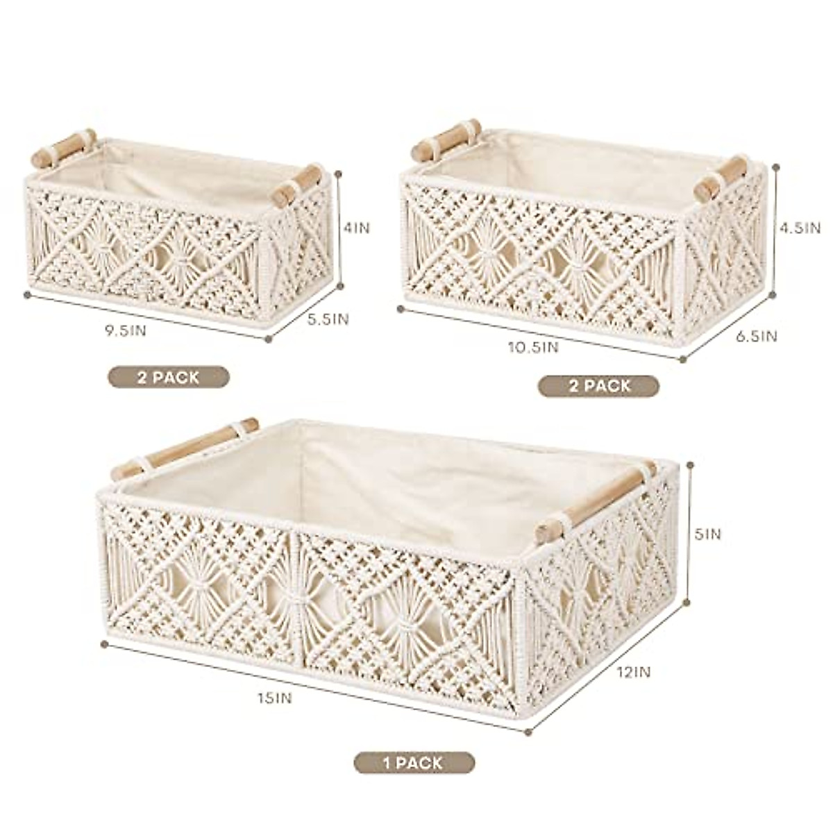 ANMINY 5PCS Macrame Storage Baskets Set Handmade Woven Cotton Rope Storage Bins Decor Boho Nursery Boxes with Wood Handles Removable Washable Linen Liner Countertop Toilet Tank Shelf Cabinet Organizer