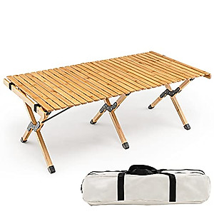 Giantex Folding Picnic Table, Wooden Roll-up Bamboo Tabletop, Portable Camping Table w/Carry Bag, Indoor Outdoor Table for Patio Garden Beach Yard, Easy Assembly (Natural)