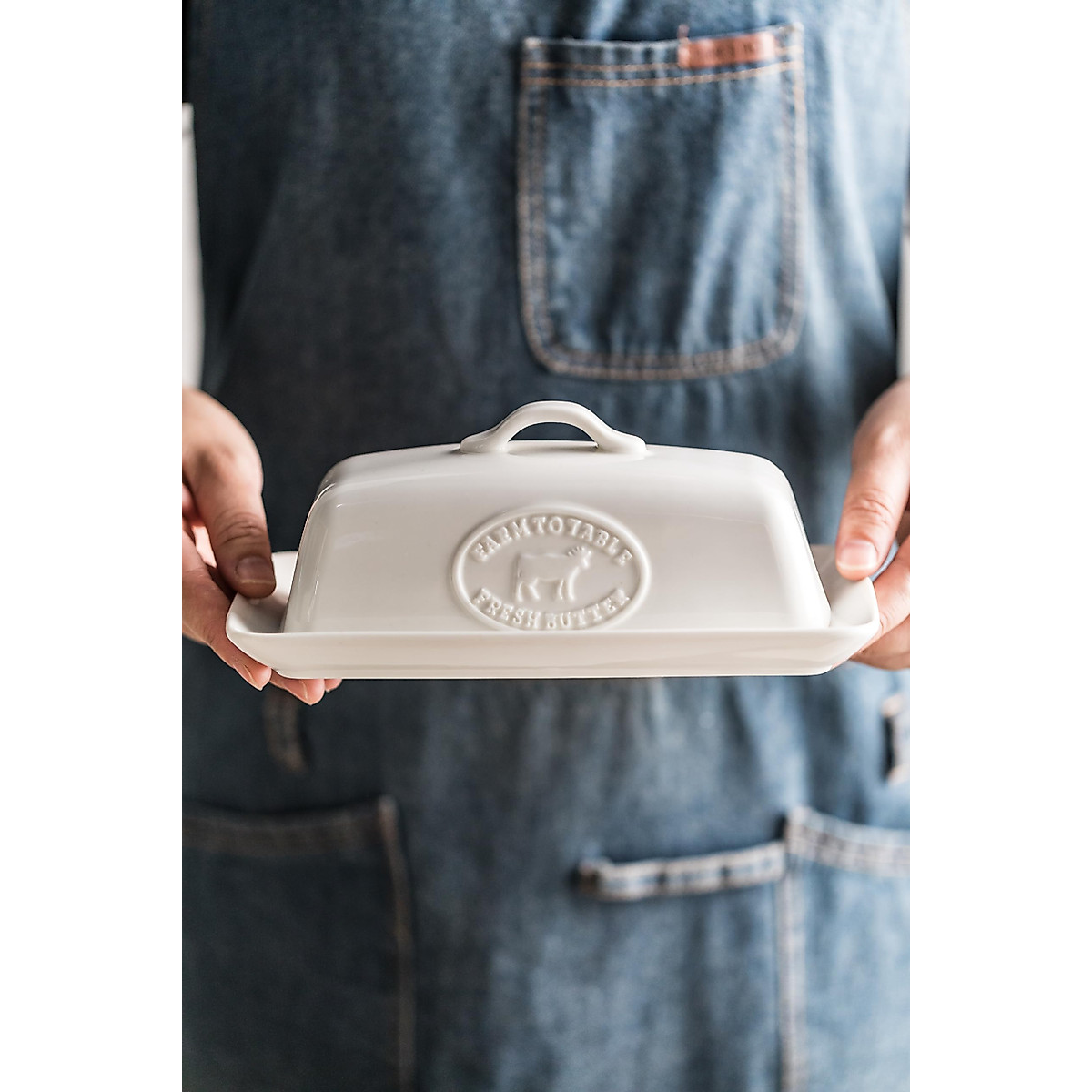 YHOJOY Cow Butter Dish, Ceramic Butter Dish with Lid for Countertop, White Butter Tray with Handle, Farmhouse Covered Butter Holder Container for East West Coast Butter Storage