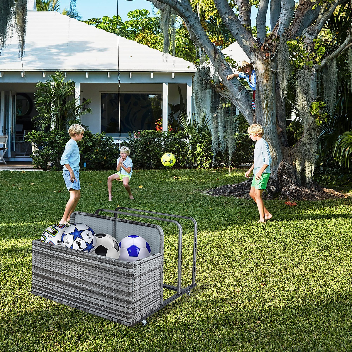 GAOMON Double Layer Poolside Float Storage,Outdoor Storage,Patio PE Rattan Outdoor Pool Caddy with Rolling Wheels for Floaties,Storage Basket,Poolside Float Storage,Beach-Sturdy & Movable,Grey