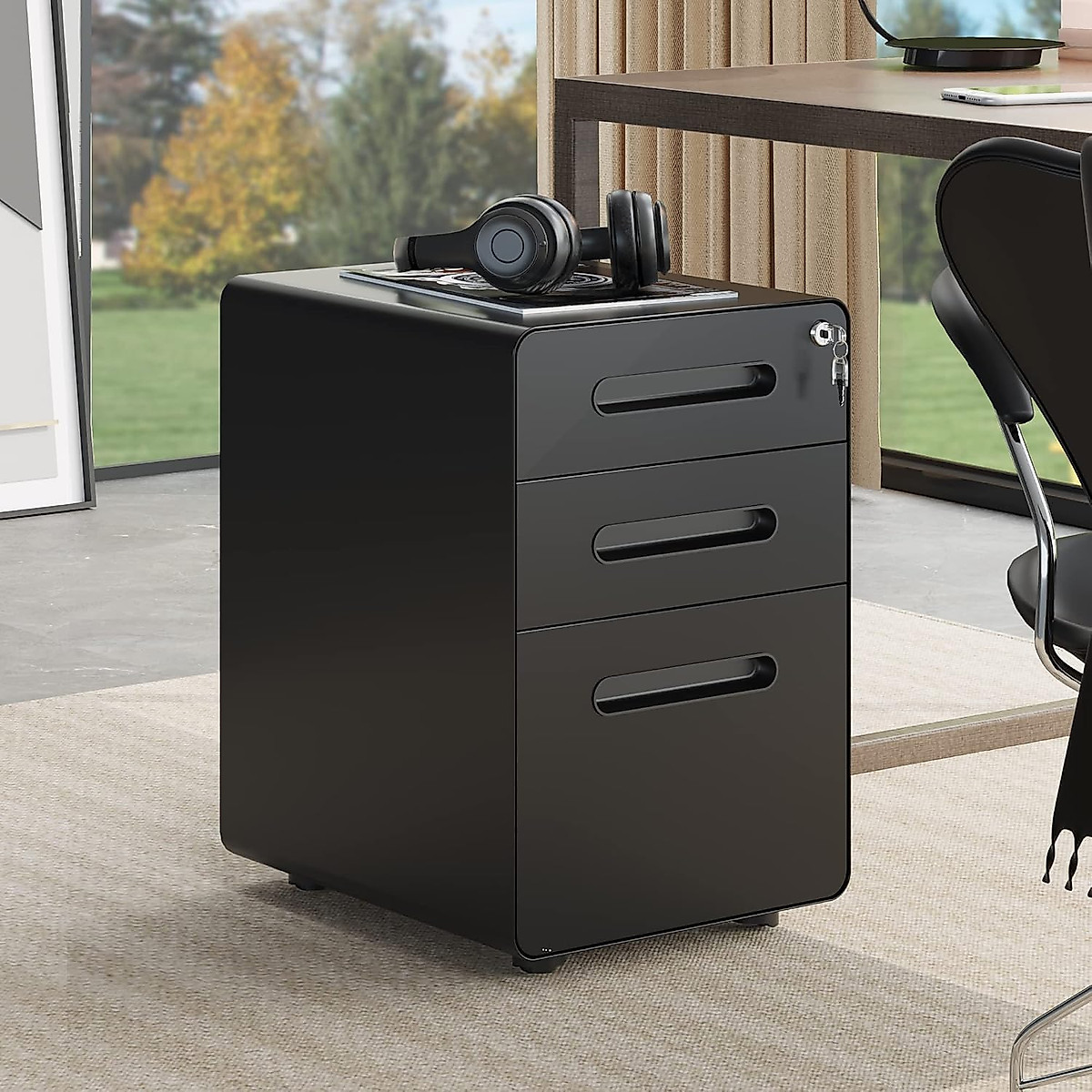 YITAHOME 3-Drawer Metal Mobile File Cabinet, Rolling Filing Cabinet with Lock, Filing Cabinet Under Desk fits Legal/Letter/A4 Size for Home/Office, Fully Assembled