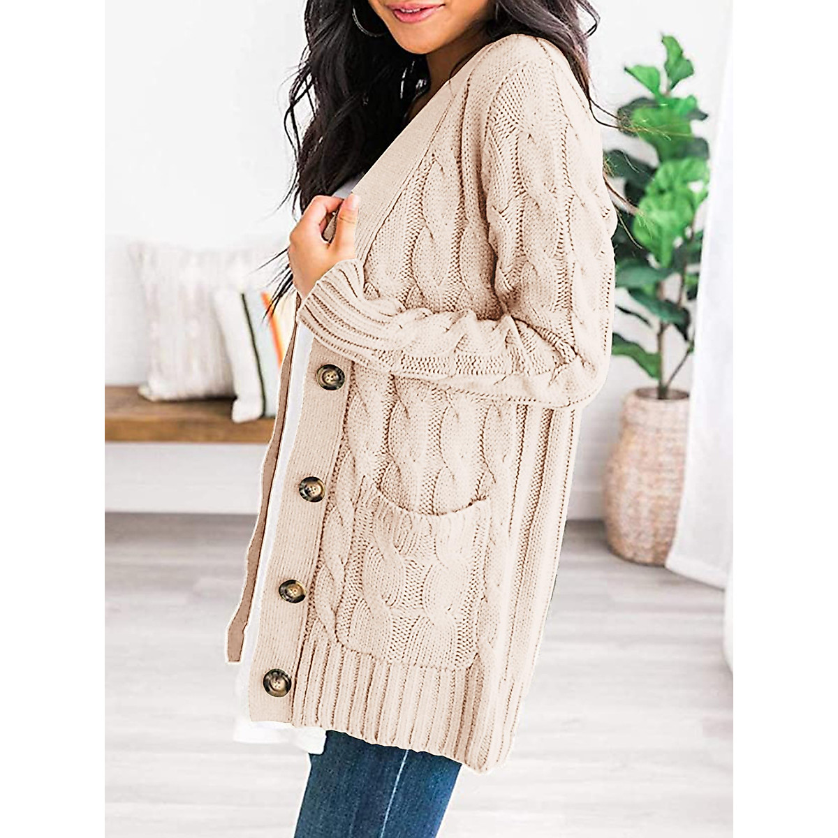 PRETTYGARDEN Women's Open Front Cardigan Sweaters Fashion Button Down Cable Knit Chunky Outwear Coats (Beige,Small)