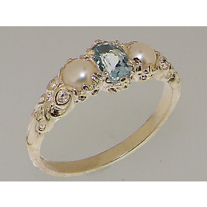 LetsBuyGold 925 Sterling Silver Real Genuine Aquamarine & Cultured Pearl Womens Trilogy Ring - Size 11