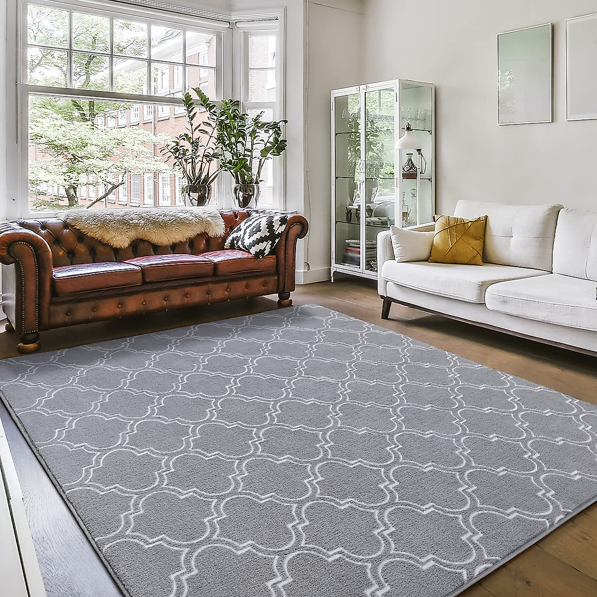 Amearea Fluffy Indoor Area Rug, Soft Trellis Moroccan Rugs for Bedroom, Shag Modern Area Rug for Living Room Kids Room Nursery, Easy Clean, Geometry Home Decor Low Pile Carpet, Light Grey 7x10 Feet